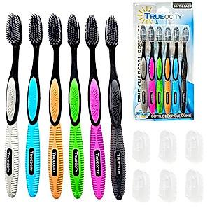 Charcoal Toothbrush 6 Pack, Natural Teeth Whitening Solution - Ultra Soft Tooth Brush - Gentle, Slim Brush Head - Black Toothbrushes for Adults Working Great with Activated Charcoal Toothpaste