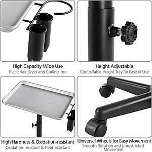 Yaheetech Rolling Salon Tray - Aluminum Trolley Cart Equipment on Wheels & Adjustable Height Mobile Beauty Salon Spa Stools Service Instrument Storage Tray w/Accessory Caddy - Silver