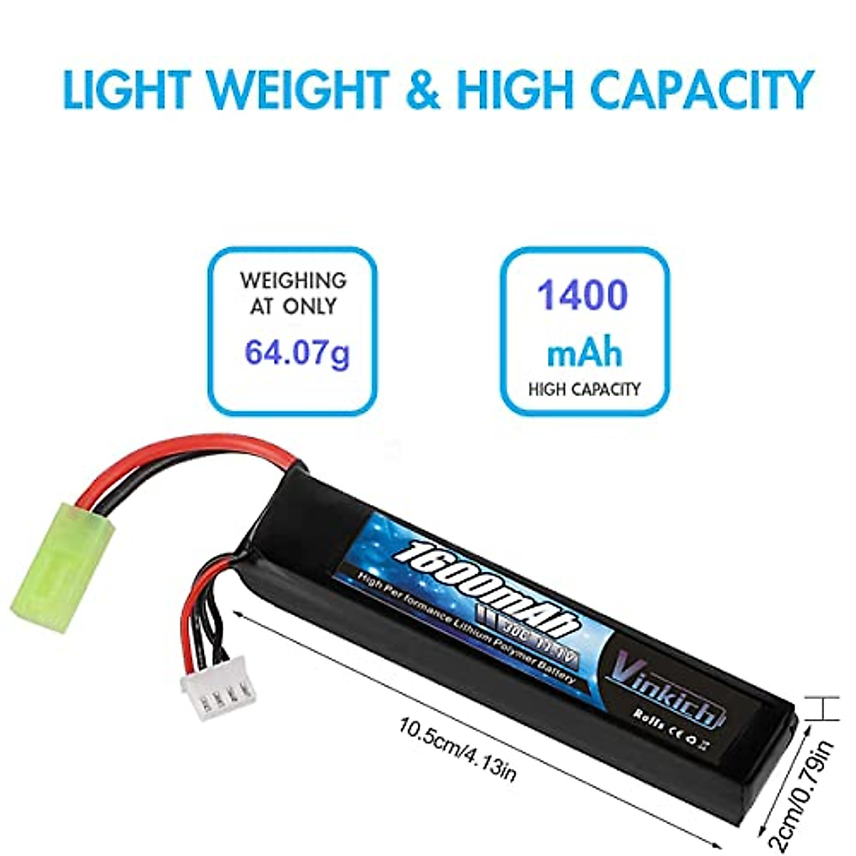 BESWON 2 Packs Airsoft Battery 11.1V Rechargeable 1600mAh 30C Lipo Battery Pack with 2S-3S Balance Charger for Airsoft Guns Rifle