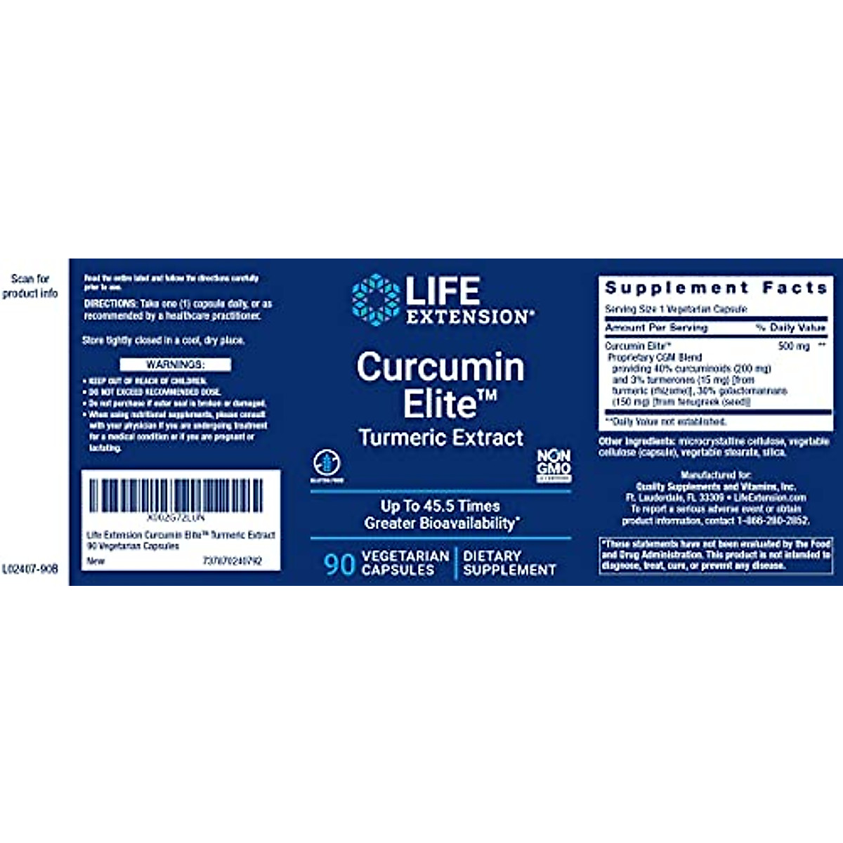 Life Extension Curcumin Elite Turmeric Extract, 90 Caps (Pack of 2)