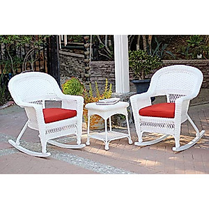 Jeco 3 Piece Rocker Wicker Chair Set With With Red Cushion, White