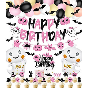 67 Pcs Halloween Birthday Decorations Pink Black Birthday Banner Cake Topper Halloween Cupcake decoration 3D Bat Wall Stickers Halloween Theme Balloons Happy Birthday Party Supplies