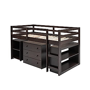 Harper & Bright Designs Twin Loft Bed with Desk Low Study Kids Storage Drawers, for Safety Guard Rails and Bookcase Shelf (Espresso, Desk)