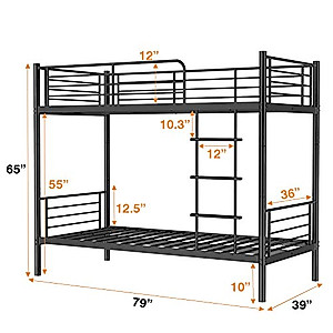Noillats Metal Bunk Bed Twin Over Twin with Ladder, Heavy Duty Sturdy 2 in 1 Convertible Bunk Bed with Safety Guard Rails