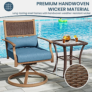 Amopatio 3 Pieces Patio Swivel Chairs Set of 2 with Wicker Table, Bistro Set with Swivel Rocker Chair, Outdoor Furniture with Thickened Cushions for Porch Backyard Deck (Blue)