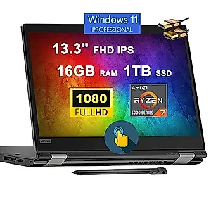 Lenovo ThinkPad L13 Yoga Gen2 2-in-1 Laptop 13.3" FHD IPS Touch AMD 8-Core Ryzen7Pro 5850U >i7-1265U 16GB RAM 1TB SSD Fingerprint USB-C Rapid Charge Long Battery Life Pen Win11Pro Black + HDMI Cable
