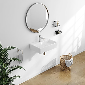 24" x 16" Bathroom Sink Vessel Rectangle, Eridanus Hang Wall Mount Sinks Countertop Vanity Floating Trough Washbasin, Ceramic Porcelain Modern White Art Basin Bowl with Overflow
