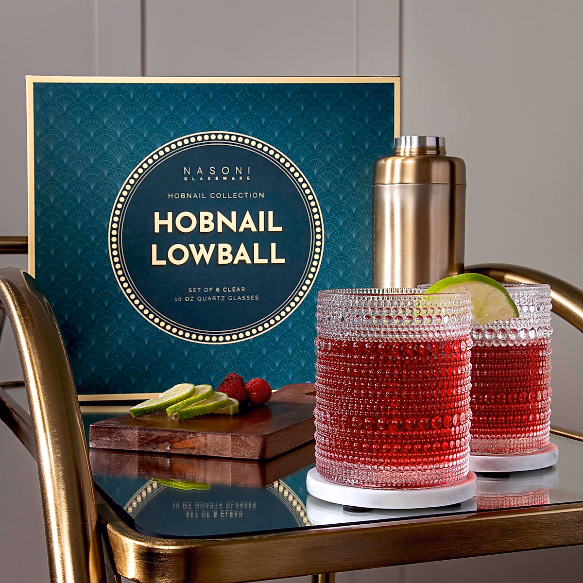 NASONI GLASSWARE - Set of 6, 10 oz Clear Hobnail Drinking Glasses in Luxury Box, Embossed Beaded Drinking Glasses, Versatile Lowball Hobnail Glasses for All Occasions, Vintage Glassware Design