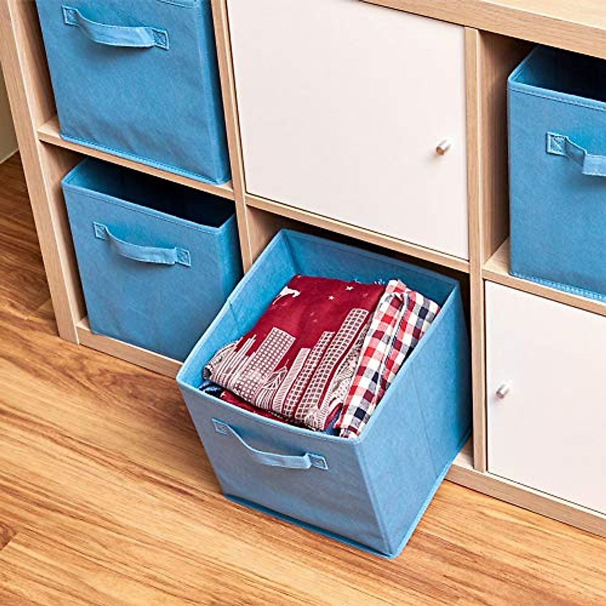EZOWare Bundle Kit 6 Pcs Niagara Blue Collapsible Fabric Cube Storage Bin Baskets + 4 Closet Wardrobe Dresser Drawer Organizer Divider For Organizing Nursery Baby Clothes