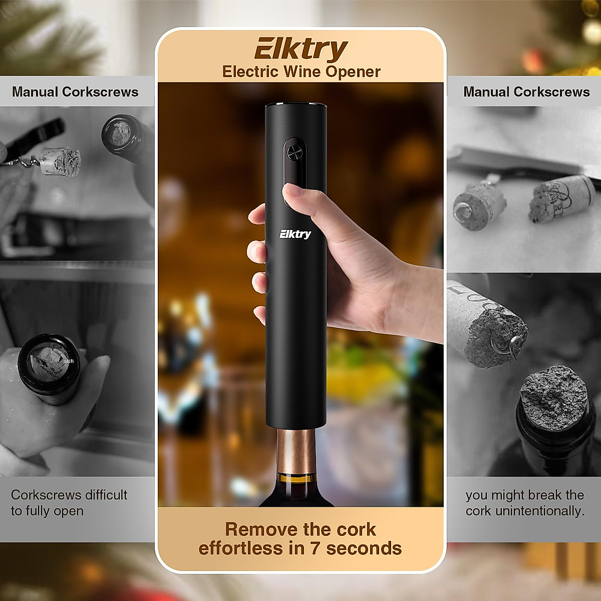 Elktry Electric Wine Opener, Automatic Electric Corkscrew Wine Opener,Battery Operated with Foil Cutter, Wine Pourer&Vacuum Stoppers,Christmas Gift for Family and Friends