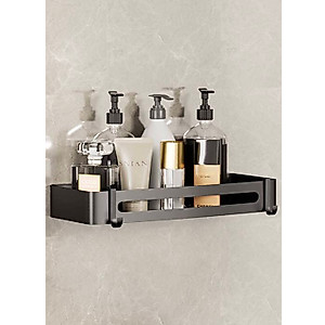 Shower Caddy - No-Drill Aluminum Bathroom & Home Decor Shelf, Wall Mounted Dual Corner Shelf with Hooks - Rustproof Stainless Steel In Matte Black Finish - Adhesive Bathroom Shower Caddy.