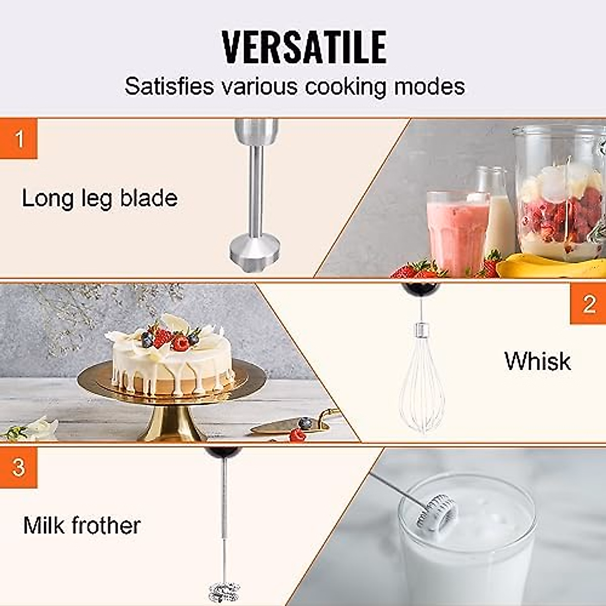 VEVOR Immersion Blender, 12-Speed Heavy Duty Immersion Blender, 800W Instantaneous PowerStainless Steel Blade Copper Motor Hand Mixer, Portable Mixer with Measuring Cup, Whisk, Milk Frother