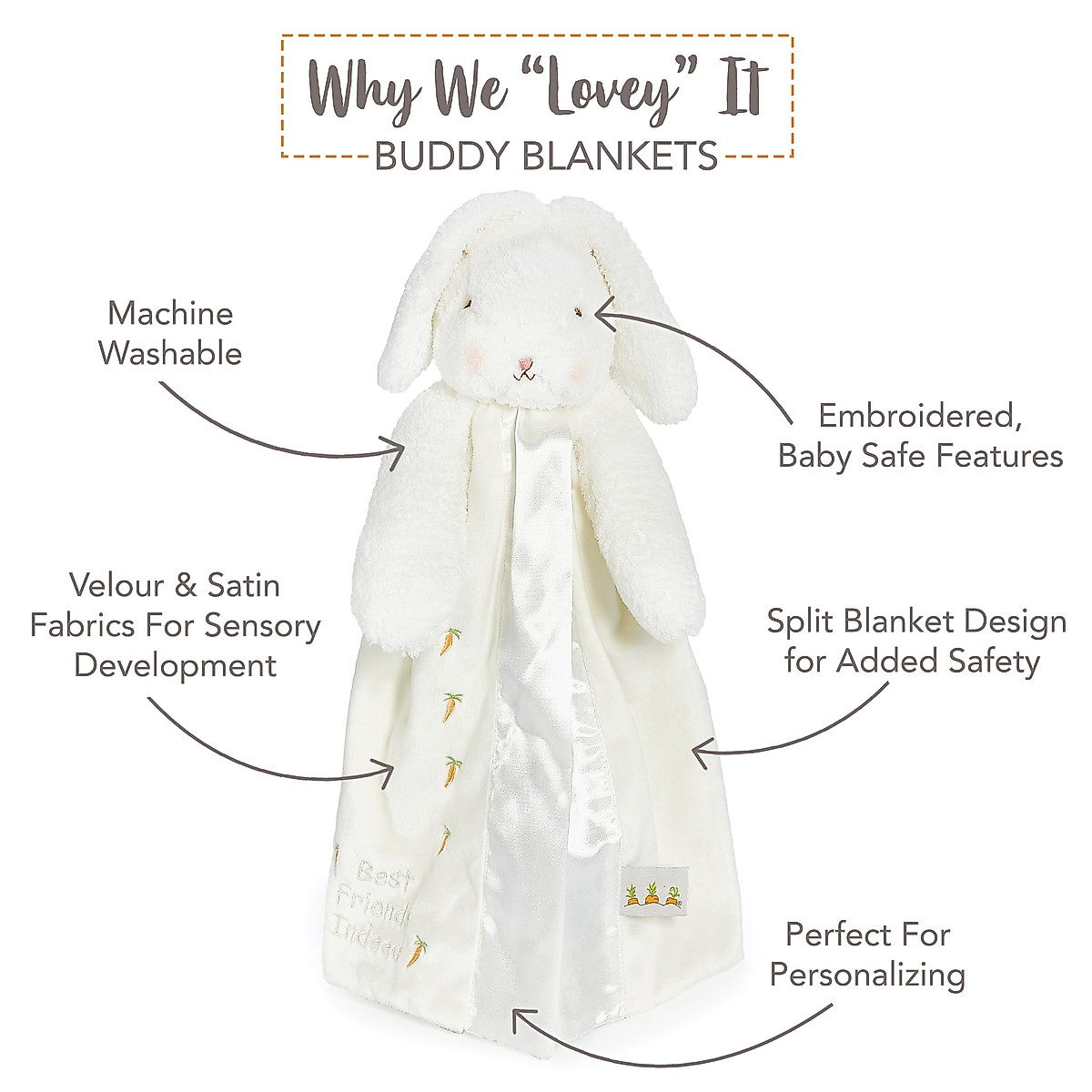 Bunnies By The Bay "Bun Bun Bunny" Buddy Blanket - 16" Stuffed Bunny and Baby Security Blanket - Super Soft Velour with Satin Lining