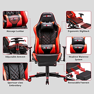 ANBEGE Gaming Chair Retractable Footrest 2D Armrest Office Chair Height Adjustable Leather High Back Ergonomic Headrest Massage Lumbar Cushion Swivel Rocker Recliner Computer Chair (RED)