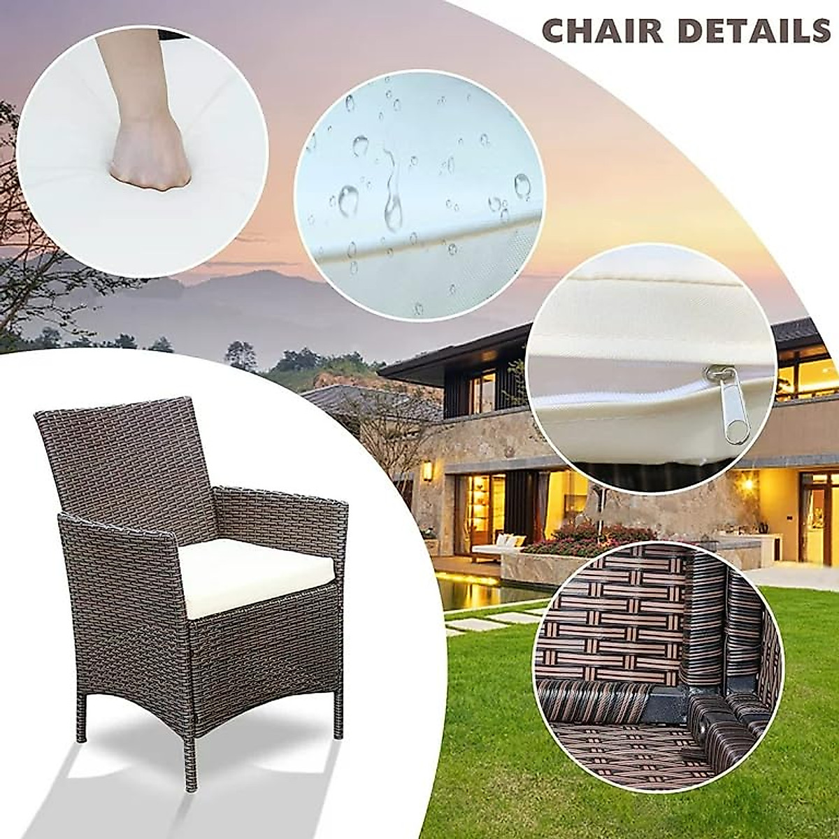 JUMMICO 3 Pieces Patio Furniture Sets Outdoor Patio Chairs set of 2 PE Rattan Wicker Chairs with Table for Garden Porch Lawn Poolside(Brown/Beige)