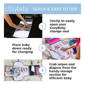CozyBaby's On-The-Go Diaper Changing Pad (Gray) - Waterproof Padded Diaper Changing Mat with Convenient Storage Compartment Plus Handy Travel Strap & Folds into Easy to Carry Pouch