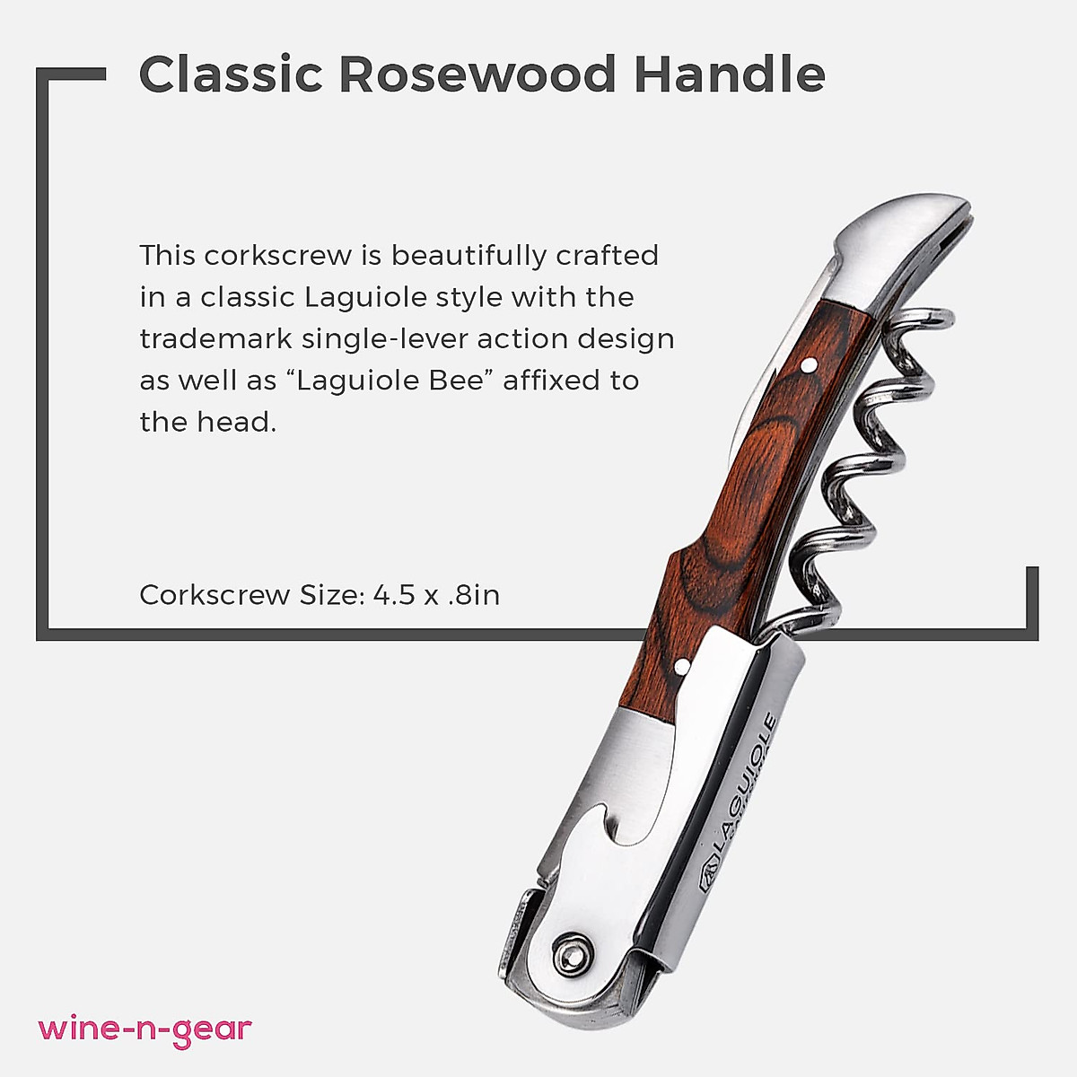Laguiole California Waiters Corkscrew - Rosewood - Wine Bottle Opener with Ergonomic Handle for Bartenders & Gifts - Sharp Micro-Serrated Knife - Stored in a California Oakwood Gift Box