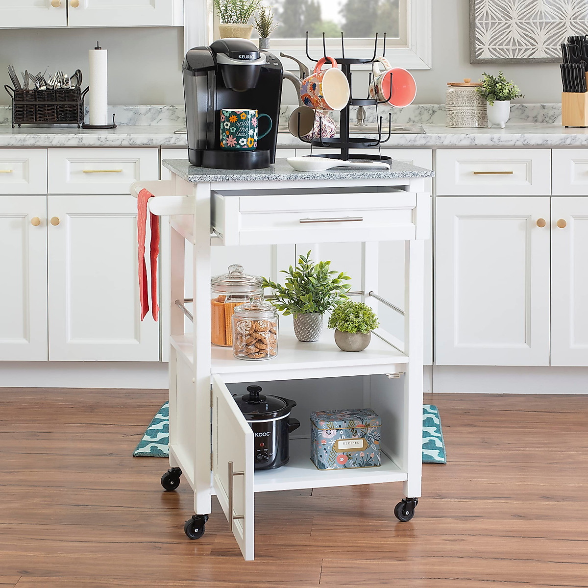 White Linon Storage Cart On Wheels With Granite Top. Great For Small Kitchens!!