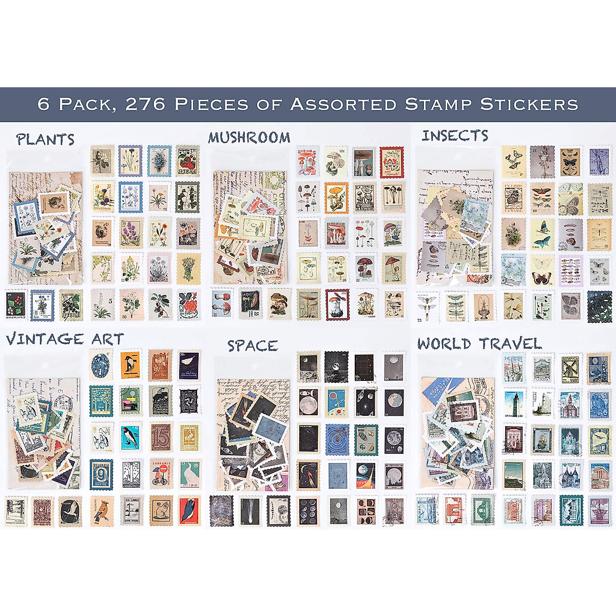 Vintage Postage Stamp Stickers Set (276 Pieces) - Botanical Deco Sticker for Scrapbooking, Bullet Journaling, Junk Journal, Planners, Bujo Travel Diary, Nature Plant Ephemera