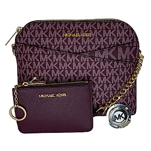 Michael Kors Jet Set Travel MD Dome XCross Crossbody bundled with SM TZ Coinpouch Purse Hook (Signature MK Bordeaux/Bordeaux)