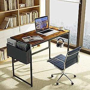 Recaceik 39 Inch Home Office Computer, Modern Vintage Brown Laptop Table Study Work w/Storage Bag Organizer and Hook, Simple Gaming & Working Desk