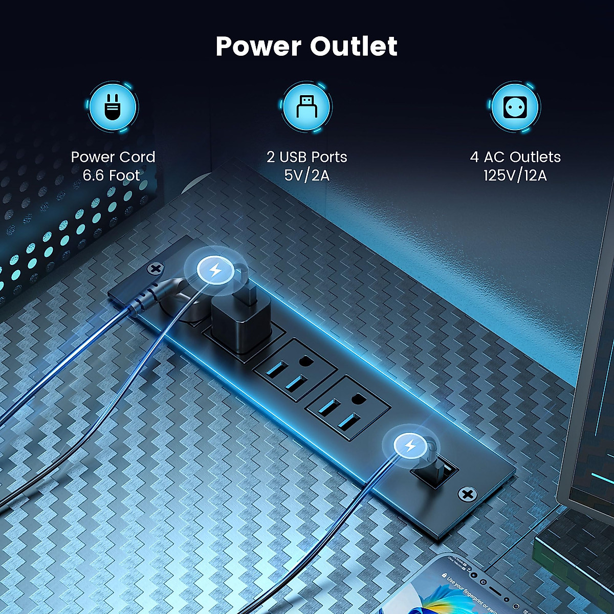 DOMICON L Shaped Gaming Desk, 55 Inch Computer Desk with Adjustable Stand & RGB Lights, Corner Desk for Power Outlet, Carbon Fiber Texture, Gaming Room