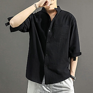Men's Cotton Linen Shirt Solid Plain Roll-Up Sleeve Summer Beach Shirts Casual Button Down Yoga Shirt Tops (Black,Large)