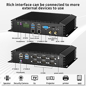 Kinupute Fanless Industrial PC, Mini Desktop Computer i7-7510U, Windows 10 Pro, 16G DDR4, 256G Msata SSD, Dual 2.5G LAN, 6xCOM RS232/RS485, HDMI/VGA, WiFi 5/BT4.0, Auto Power On, Full Metal Case