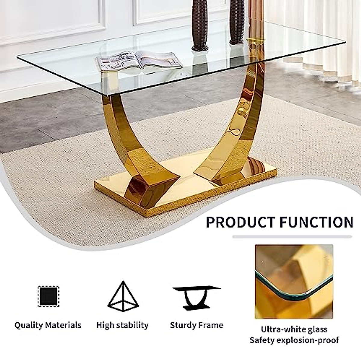 Wlvos 62.8" Rectangular Glass Dining Table for 4-6 with 0.39" Tempered Glass and Golden Chrome Metal Special-Shaped Bracket, for Kitchen Dining Living Meeting Room Banquet Hall (Golden)