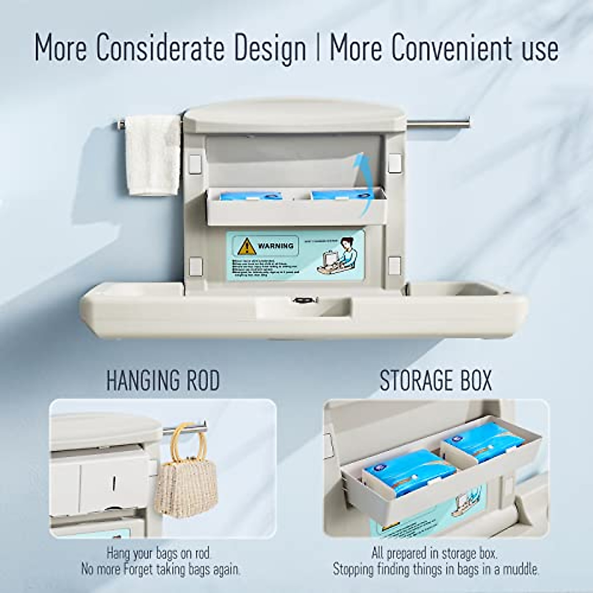 PLUSSEN Baby Changing Station Wall Mounted, Fold Down Commercial Baby Changing Station with Adjustable Safety Strap, Storage Box,Horizontal-X1005