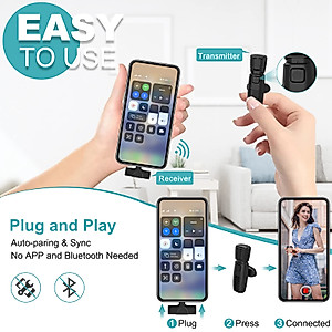 HUHD Wireless Lavalier Microphone Compatible with iPhone iPad Android Devices, Plug and Play Wireless Recording Microphone for TikTok Vlog YouTube, Noise Reduction, No App or Bluetooth Needed
