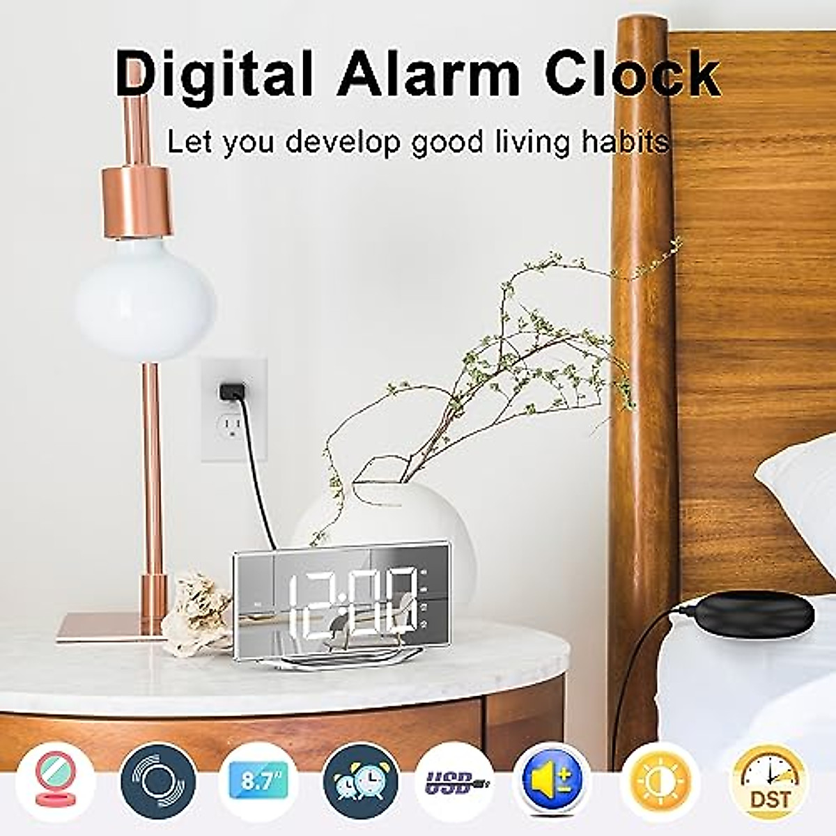 Alarm Clock for Heavy Sleepers Adults, 8.7'' Large Led Digital Mirror Alarm Clock with USB Charger, Vibrating Alarm Clock with Bed Shaker, Battery Backup Snooze Dual Alarm Dimmer, for Teens Adults