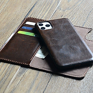 Rfid Distressed Handmade Genuine Leather Case For Iphone 14 Pro Max 11 12 13 Leather Wallet Detached Style With Magnetic Phone Case Coffee