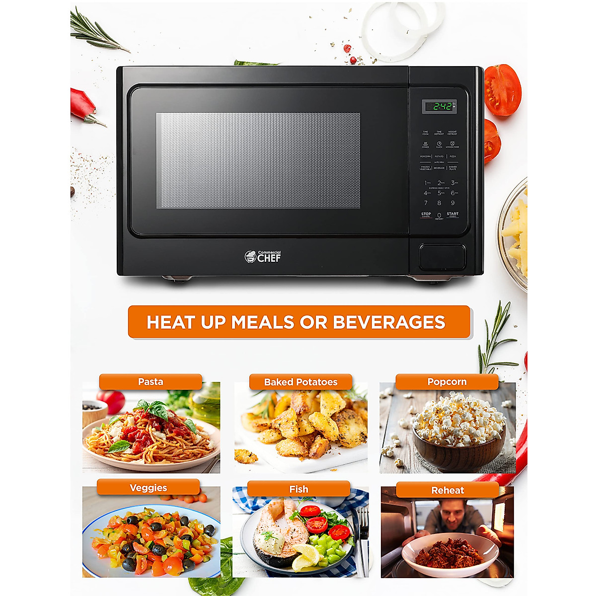 COMMERCIAL CHEF Microwave 1.3 Cu Ft with 10 Power Levels, Microwave with Push Button Door Lock, 1000W Countertop Microwave with Timer and Digital Controls, Black