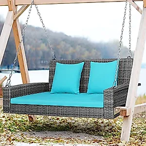 UIIAIOUIAIO 2-Person Wicker Hanging Porch Swing Bench, Front Porch Swing Outdoor Chair with Cushions 800lbs Weight Capacity for Backyard, Garden (Turquoise)