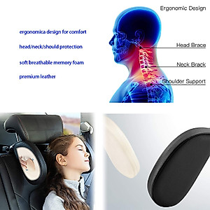 JOYBOOM Car headrest Pillow 2021 New Version,Upgraded with Hook,Road pal Detachable for Child in Long Trip,Head Neck Support Adjustable,Memory Foam U Shape Sleep Travel Protection, Leather Black