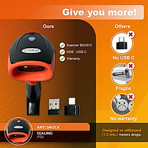 SOLUX 1D 2D Compact Barcode Scanner - Barcode Scanner Wireless & Wired QR Code Scanner - Bluetooth Scanner with USB & USB-C Receiver - Wireless Scanner Barcode Plug & Play