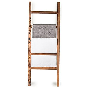 MyGift Rustic Brown Wood 4 ft Leaning Towel Ladder Rack for Bathroom Storage with 5 Hanging Rungs, Farmhouse Style Blanket and Quilt Display Ladder