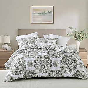 CozyQQ Cotton Duvet Cover Queen - 100% Cotton 400TC Soft Prewashed Light Green Summer Queen Duvet Cover Set with Zipper, 3 Pcs Floral Damask Paisley Queen Bedding Set (90x90, No Comforter)