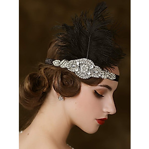SWEETV 1920s Headpiece Flapper Headband, Rhinestone Feather Great Gatsby Headpiece Hair Accessories for Women (Black)