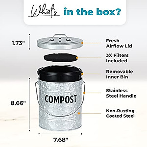 Kitchen Compost Bin by Saratoga Home - 1.3 Gal/5L Metal Compost Bucket for Kitchen Countertop, Kitchen Composter, Countertop Compost Bin, Compost Bin Kitchen, Kitchen Compost Bin Countertop, Silver