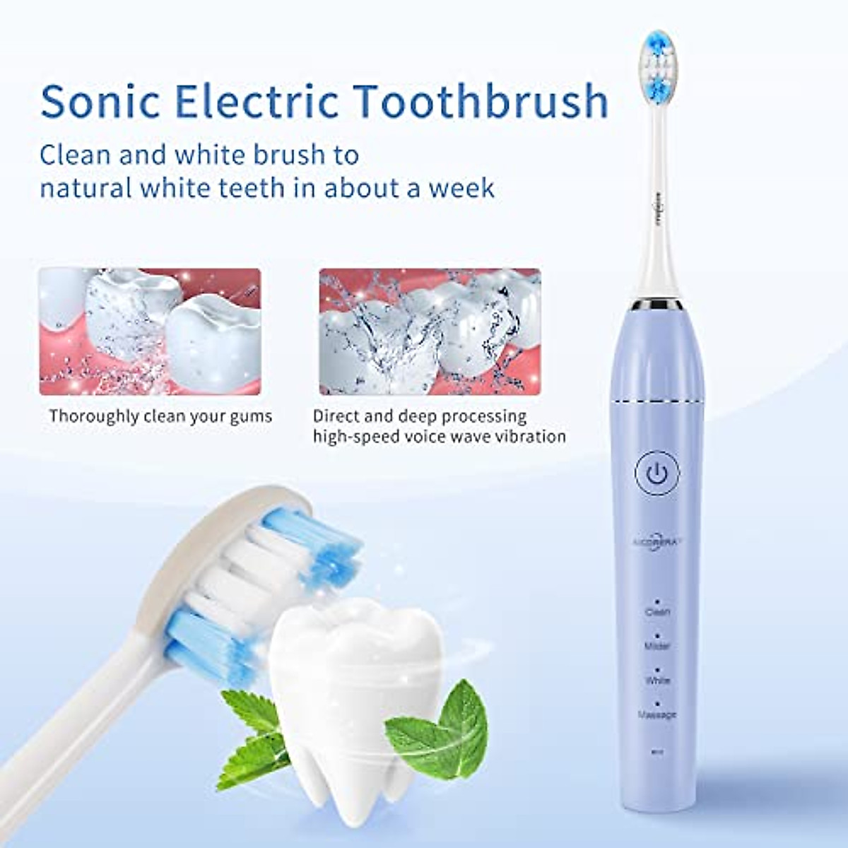 Aicoreray Electric Toothbrush for Kids 8-12, 4 Modes with 30s Smart Timer, Charge for 6 Hours and Use for 30 Days, Electric Toothbrush for Adults & Kids, Includes 4 Replacement Brush Heads (Bule)