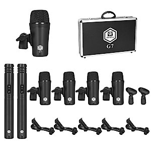 W IN-MIX G7 7-Piece Wired Dynamic Drum Mic Kit (Whole Metal)- Kick Bass, Tom/Snare & Cymbals Microphone Use for Drums, Vocal, Other Instrument Complete with Thread Clip, Mics Holder
