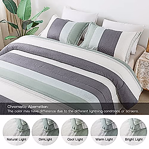 Litanika Queen Comforter Set Sage Green - 3 Pieces Lightweight Bedding Comforter Sets, Light Green White Colorblock Stripe Fluffy Bed Set, All Season Down Alternative