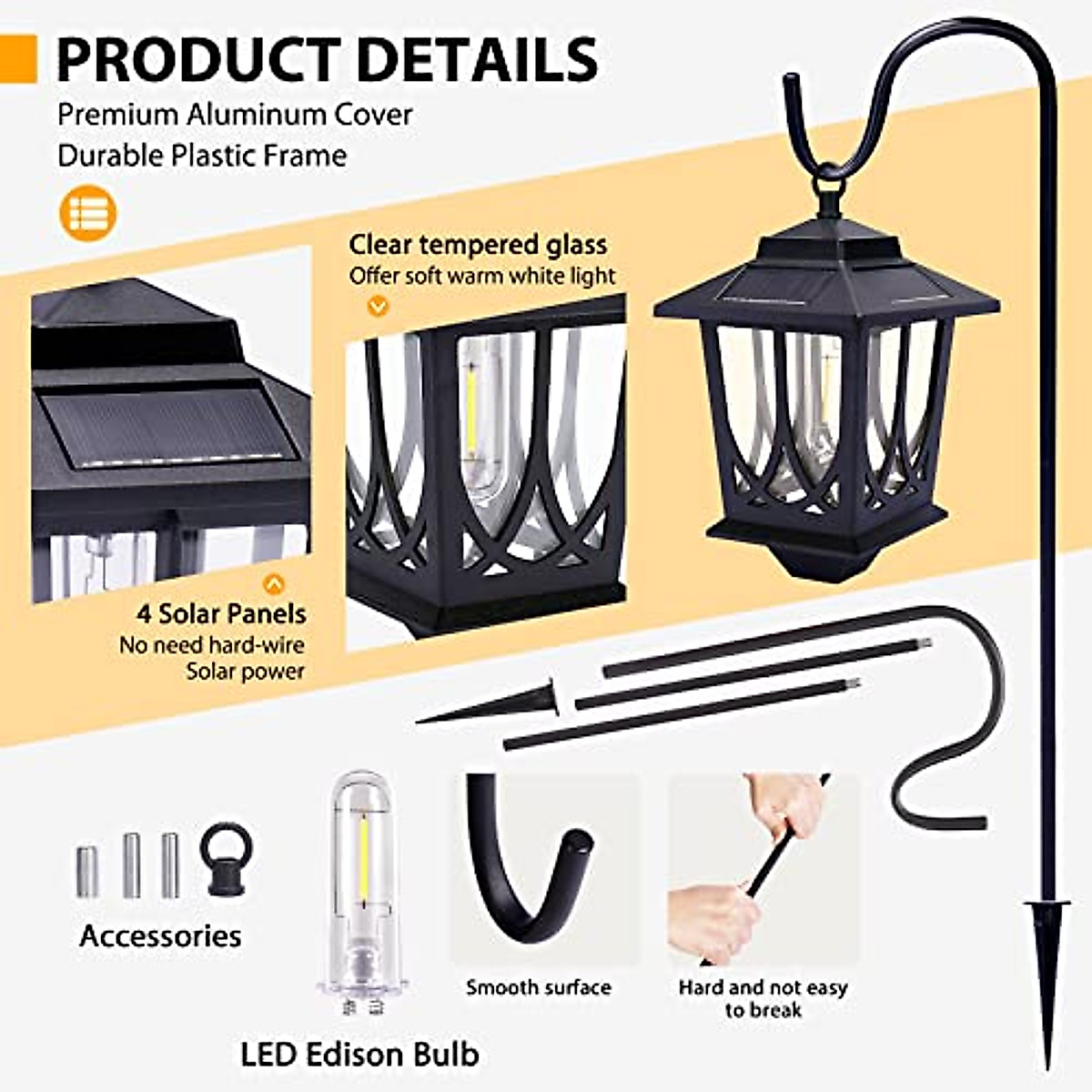 37.4 Inch 2 Pack Metal Hanging Solar Pathway Lights 20 Lumen, Aluminum Solar LED Lights Anti-Frost Waterproof with 2 Shepherd Hooks Outdoor Decorative,Edison LED Bulb