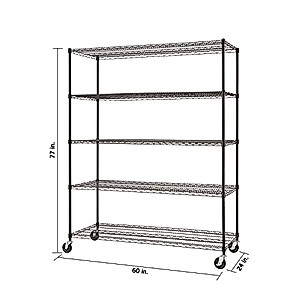 TRINITY Basics 5-Tier Adjustable Wire Shelving with Wheels for Kitchen Organization, Garage Storage, Laundry Room, NSF Certified, 600 to 2250 Pound Capacity, 60” by 24” by 77”, Black