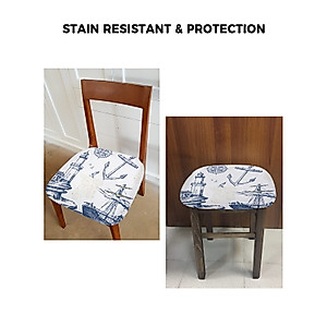 Ocean Nautical Seat Covers for Dining Chairs, Stretch Kitchen Chair Slipcovers, Retro Blue Sea Coastal Lighthouse Boat Dining Room Chair Covers Removable Office Chair Cover Protector Set of 2