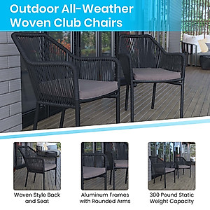Flash Furniture Kallie Set of 2 Indoor/Outdoor Stacking Club Chairs with Arms - UV Resistant Woven Black Seat & Back - Gray Zippered Cushions - Black Aluminum Frame