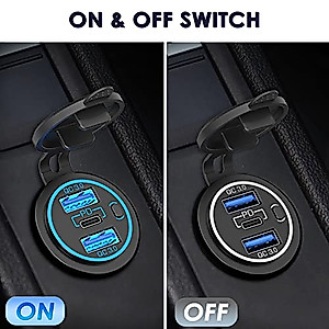 Newest 12V USB Outlet Ouffun 56W 12V USB C Car Charger Socket 20W PD USB-C & Dual 18W QC3.0 Car USB Port 12V Socket with Power Switch Waterproof DIY Outlet for Car Boat RV Marine Motorcycle Golf Cart