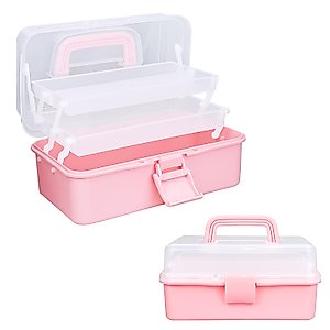 Tackle Box Organizers and Storage,10inch Craft Organizers and Storage,Three-Layer Sewing Box With 2 Trays,Medicine Storage Box With Handle For Nail、Makeup、Diamond Painting、Building Blocks (PINK)